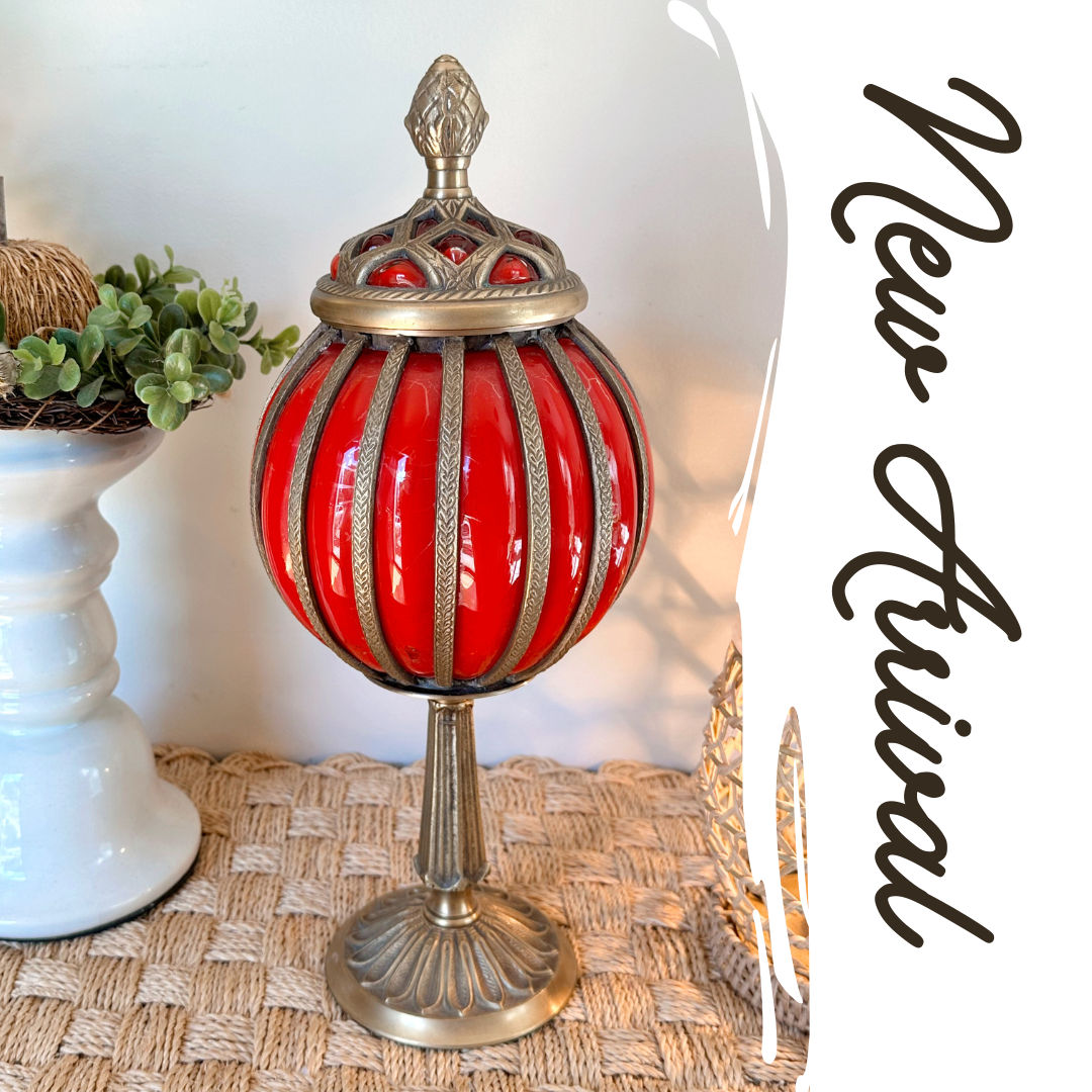 Vintage Lacquered Brass and Red Blown Glass Compote Jar with Ornate Lid ...